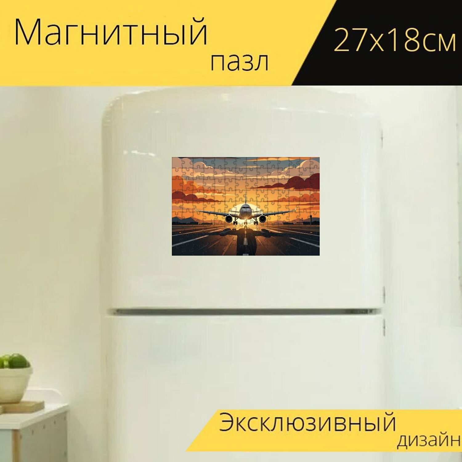 Магнитный пазл "Самолет на взлетной полосе. Лайнер на аэродроме в момент взлета, драматичный закатный свет, огненно-оранжевые и темно-синие оттенки." на холодильник 27 x 18 см.