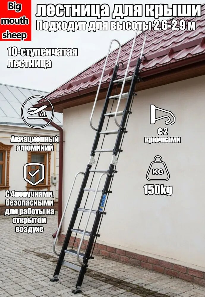 10-ти ступенчатая складная чердачная лестница с крюками и удлиненными поручнями, для крыши, наружного ремонта (260-290 см)