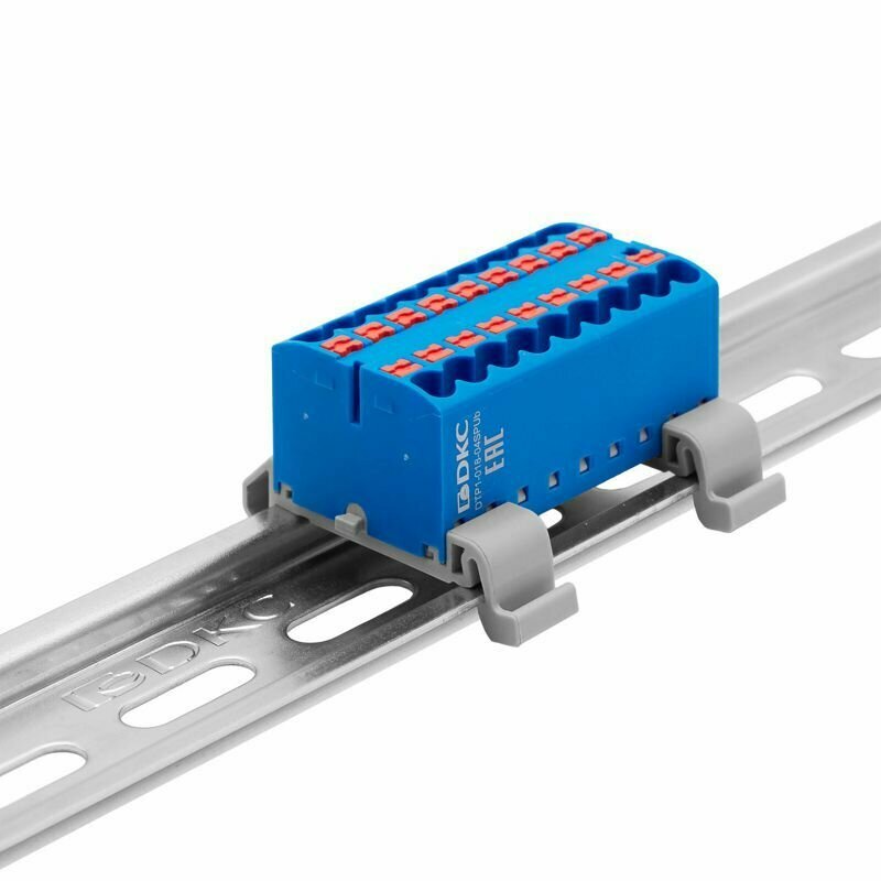 Блок распределительный с горизонт. адаптером на рейку шир. 35мм зажим push-in 18 точек подключения 2.5кв. мм син. DKC DTP1-018-04SPUB-H