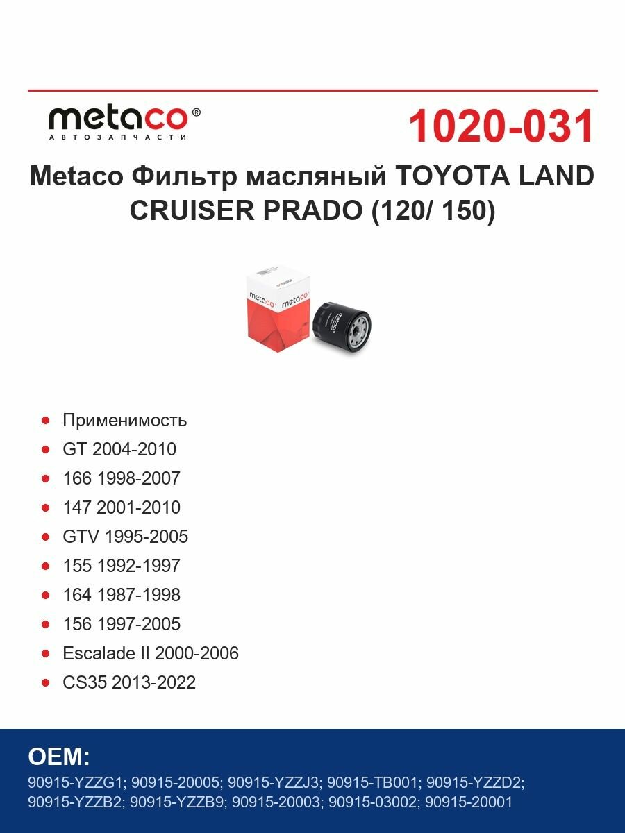 Metaco Фильтр масляный TOYOTA LAND CRUISER PRADO (120/ 150)