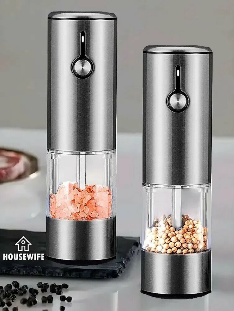 Набор мельниц для специй MAXI, USB-зарядка, 2 шт, серый металлик