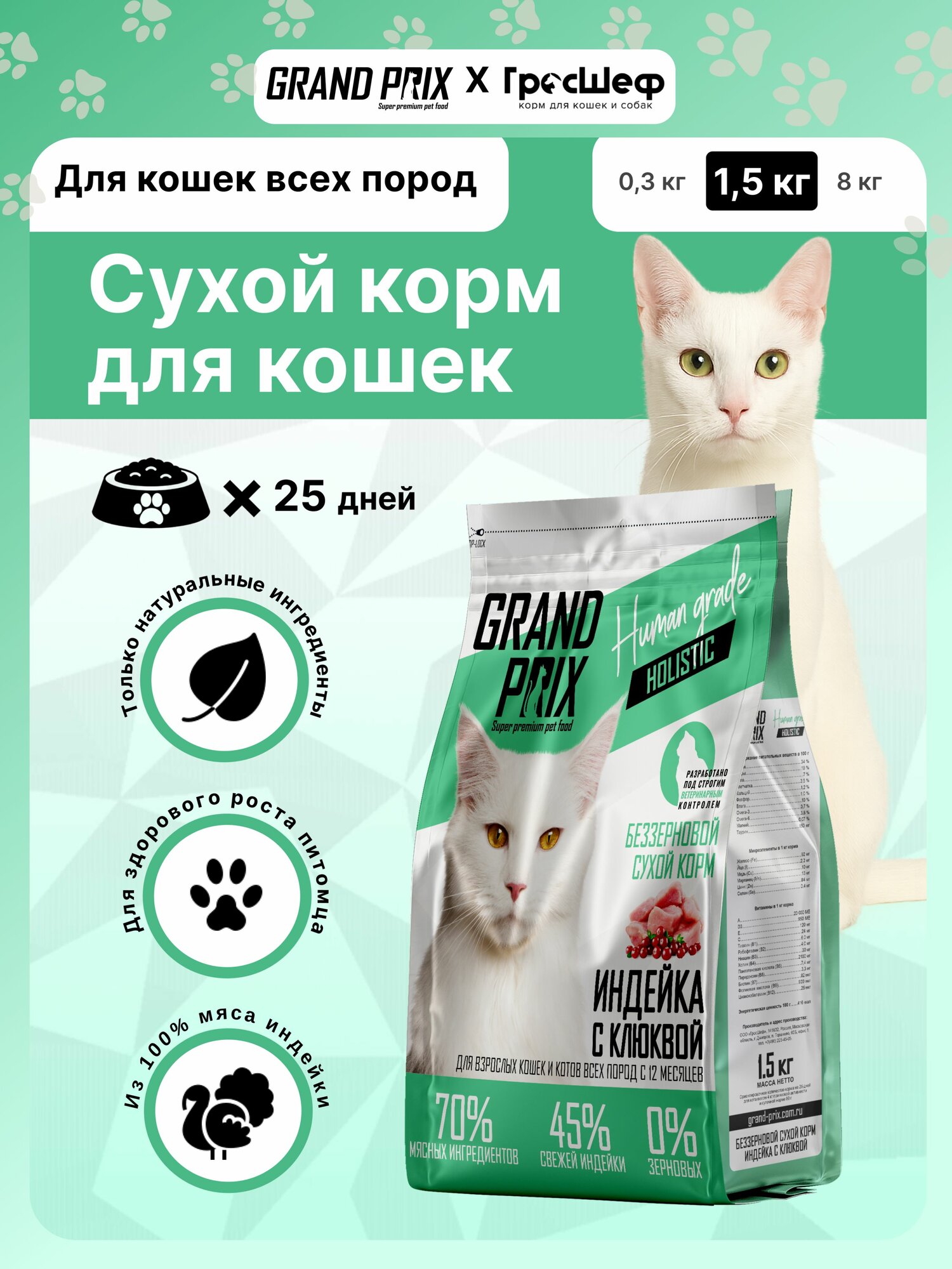 Сухой корм для кошек Grand Prix беззерновой холистик с индейкой 1,5 кг