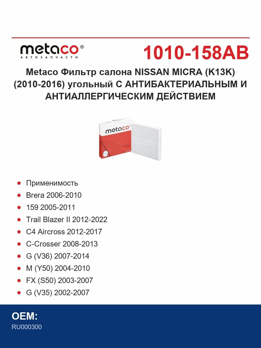 Metaco Фильтр салона NISSAN MICRA (K13K) (2010-2016) угольный С антибактериальным И антиаллергическим действием