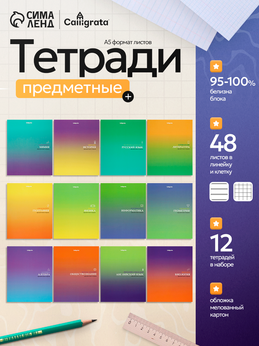 Комплект 12 предметных тетрадей «Градиент», 48 листов, справочная информация, 60 г