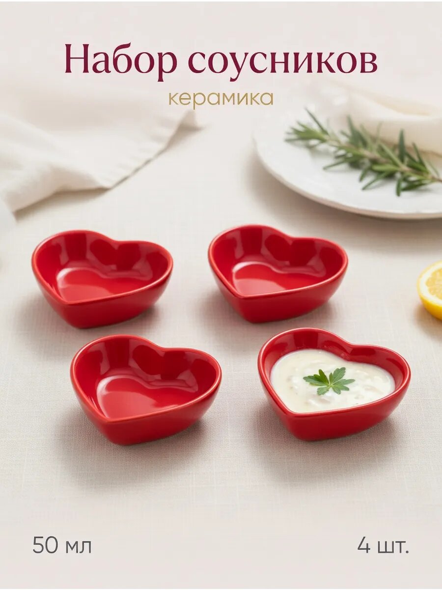 Набор соусников «Сердце», 7.8×7.2×2.5 см, набор 4 шт, керамика, красные