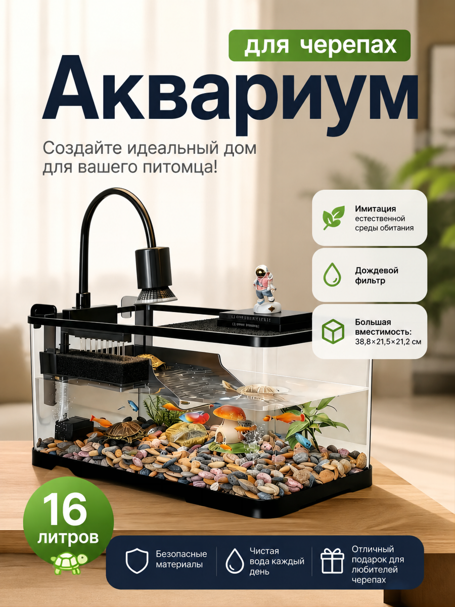 Аквариум для черепахи красноухих с фильтром и лампой, 16 л, черное