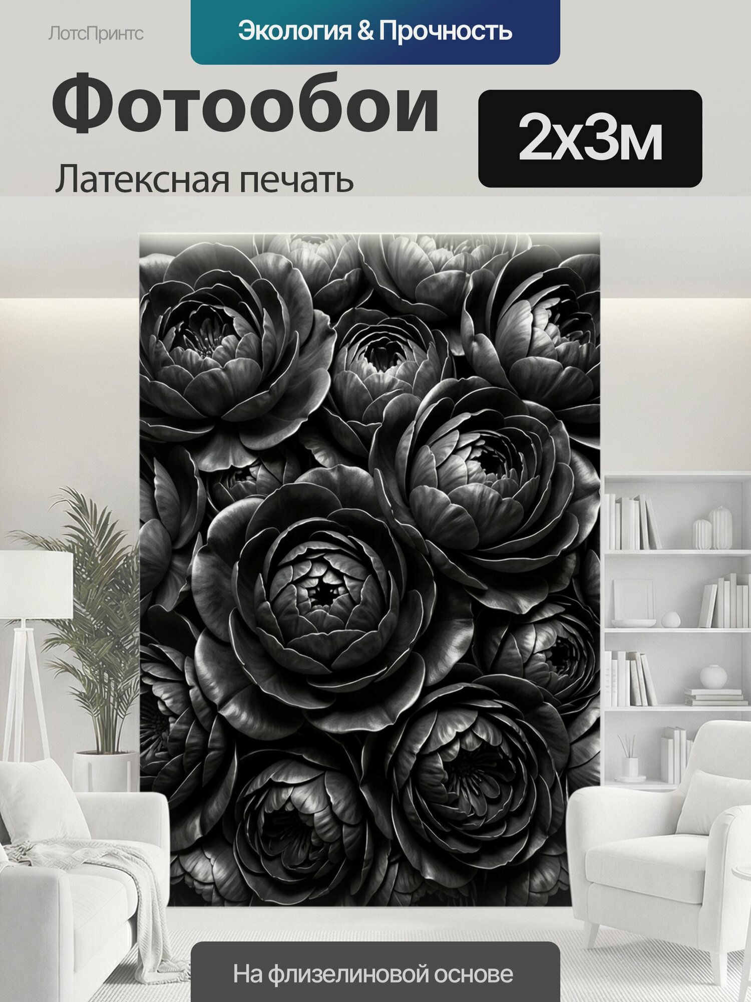 Фотообои моющиеся ударопрочные "Черные цветы в монохроме. Пышная композиция из крупных лепестков, выполненная в черно-белой гамме. Объемная." 200x300 см. латексная печать