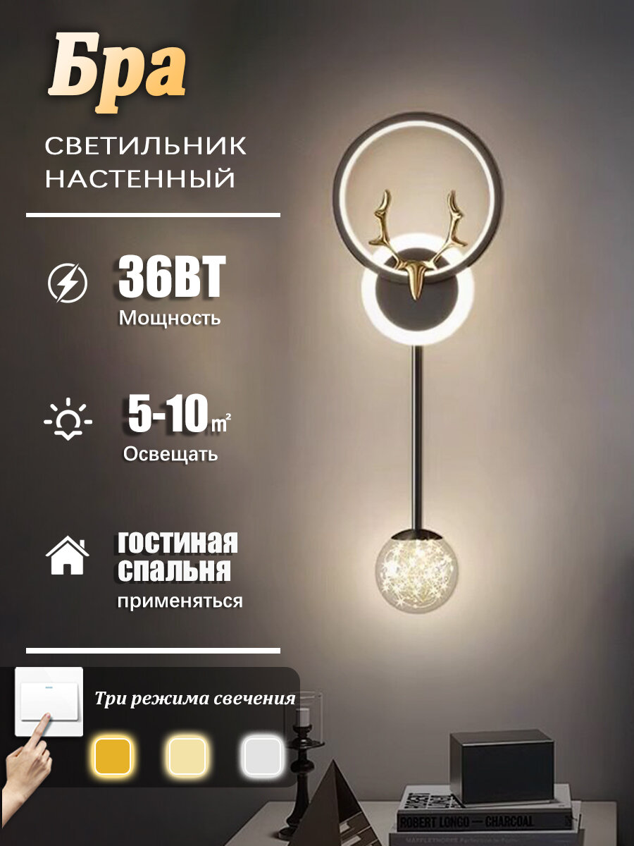 Настенный светильник с золотым оленем | Двойные светящиеся кольца и шар со звездным светом