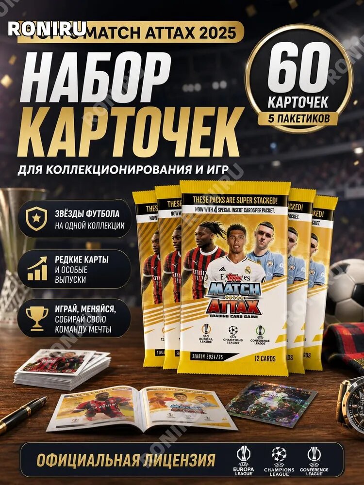 Topps Match Attax 2025, набор 60 карточек с изображениями футболистов и игровыми показателями для коллекционирования и игр