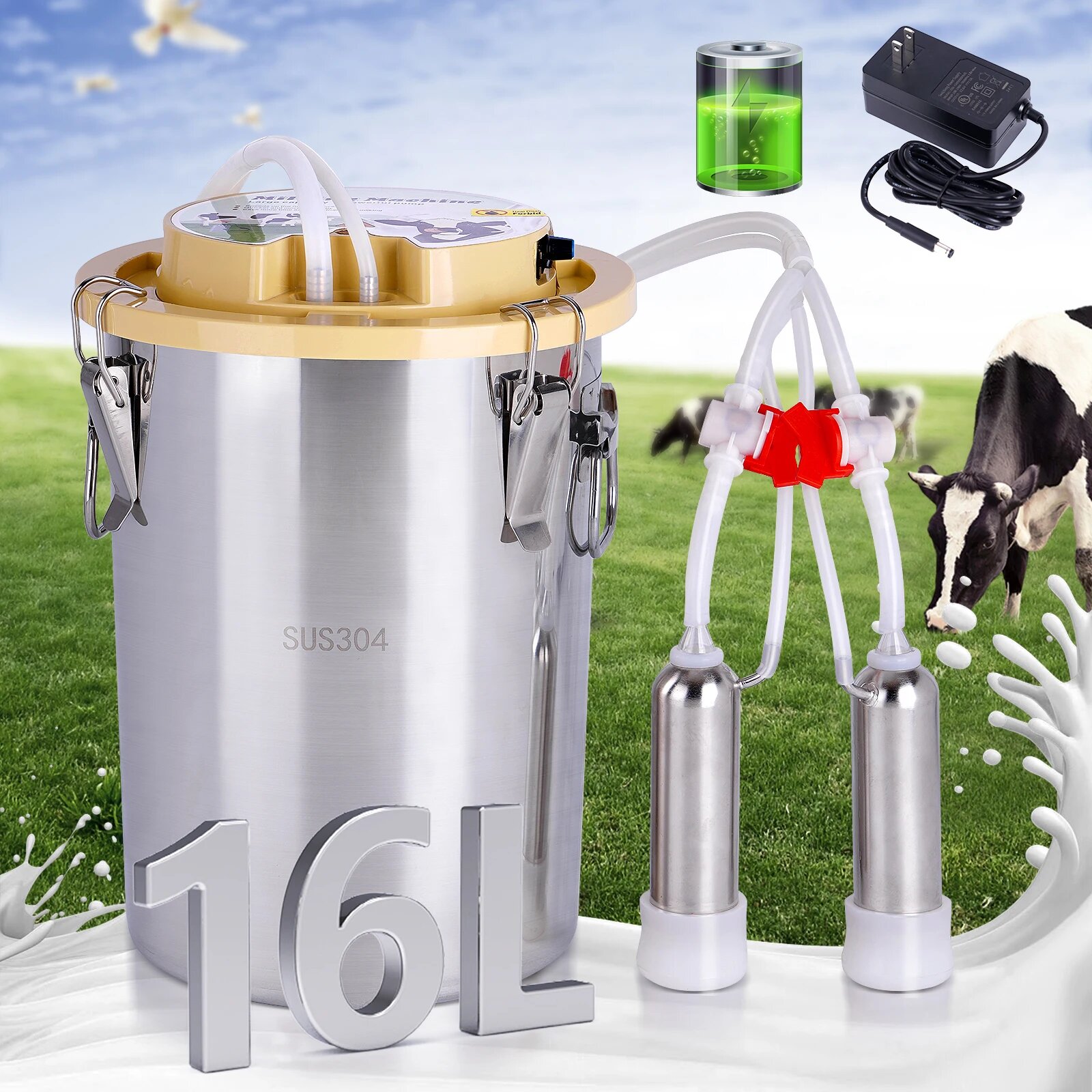 Электрическая интегрированная дойная машина для коров и коз 12L/16L из нержавеющей стали 304, подзарядная и с подключением к сети для крупного рогатого скота