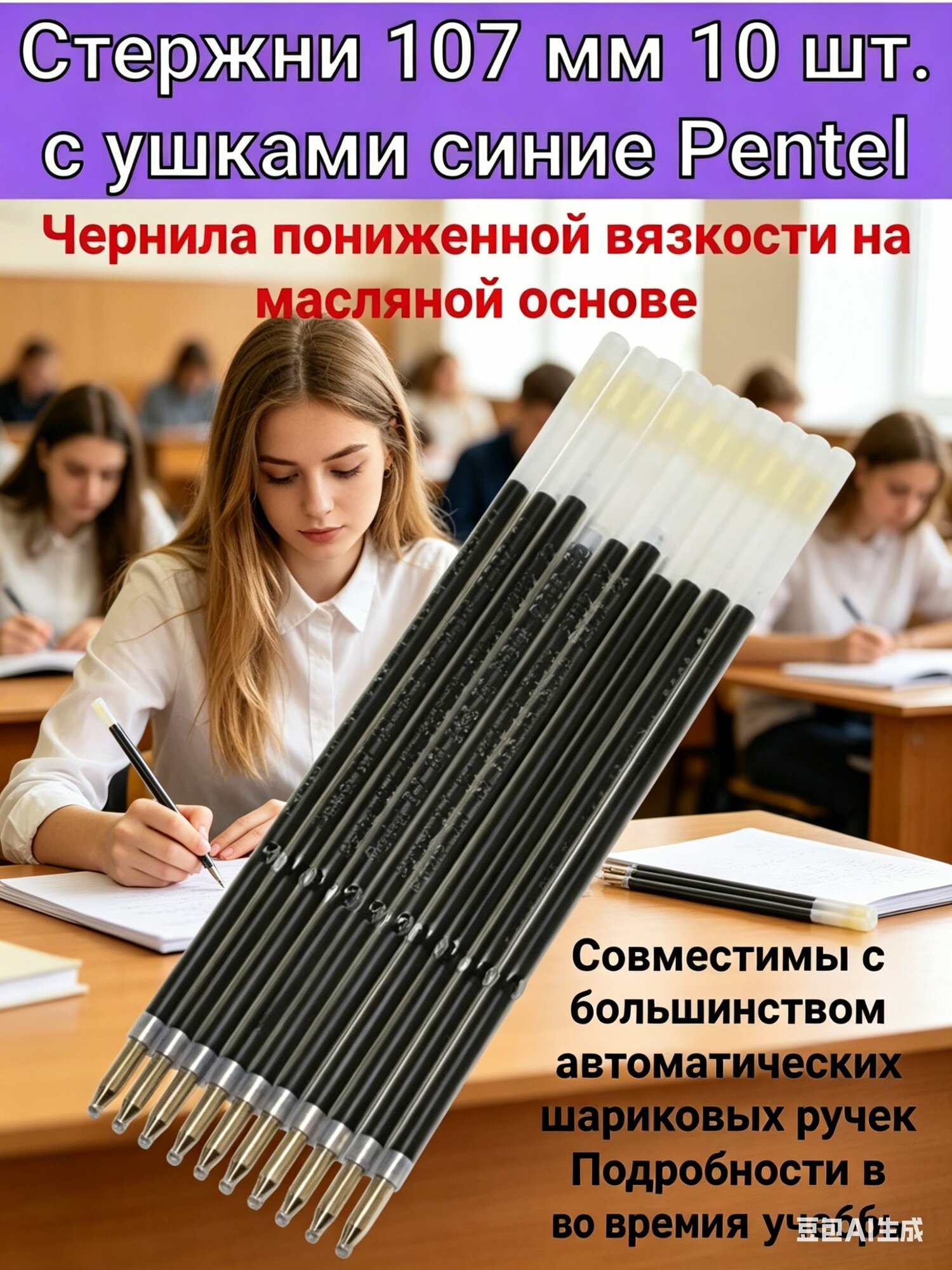Стержень шариковый 10 шт. синий 107 мм с ушками 0,7 мм Pentel масляные чернила к ручкам Pentel BK417, BK457 и к другим автоматическим ручкам