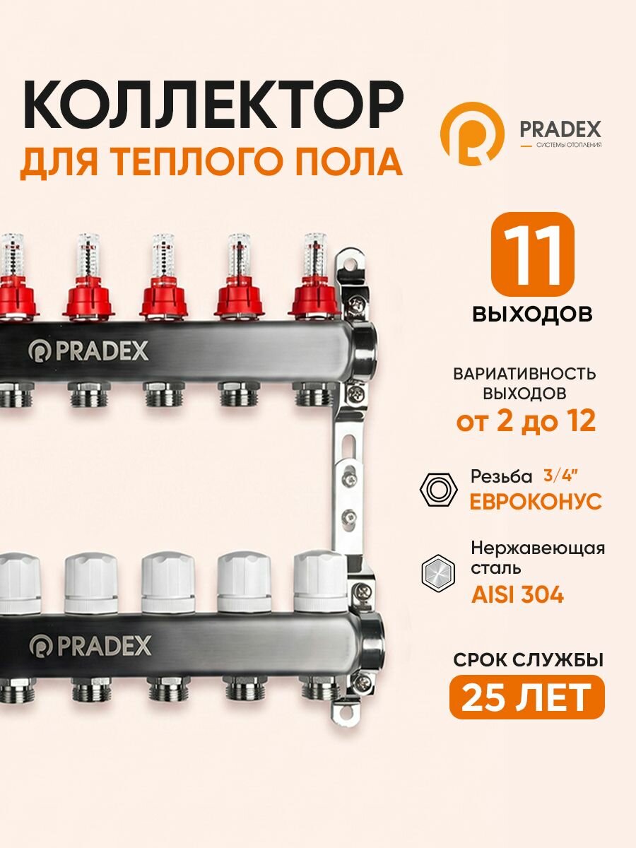 Коллекторный блок PRADEX (коллектор) из нержавеющей стали для теплого пола 1" х 11 выходов 3/4" с регулирующими клапанами и расходомерами.