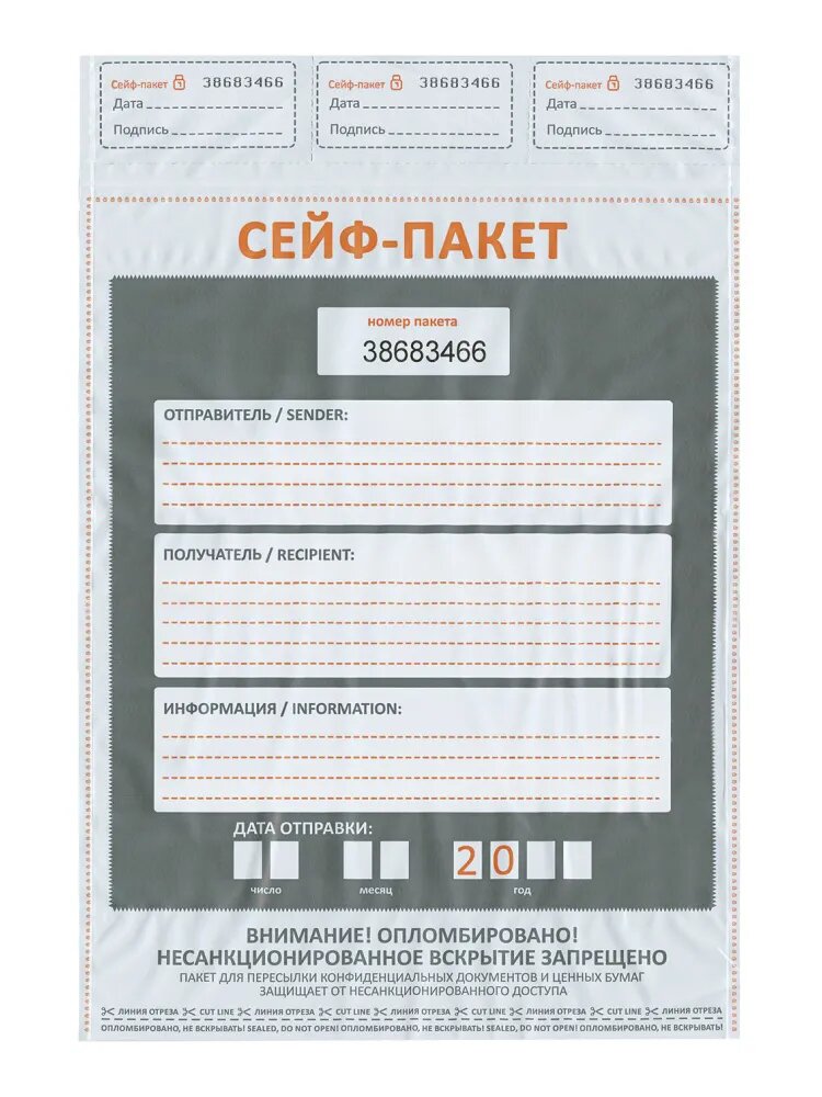 Сейф-пакеты почтовые полиэтиленовые (243х320+40 мм), до 100 листов формата А4, Комплект 100 штук, индивидуальный номер
