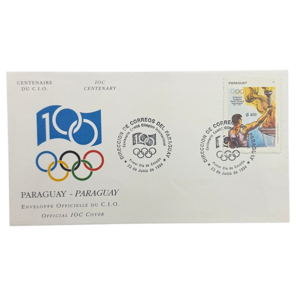 Конверт первого дня (КПД) "Столетие Олимпийского комитета МОК - Логотип" 1994 г. Парагвай