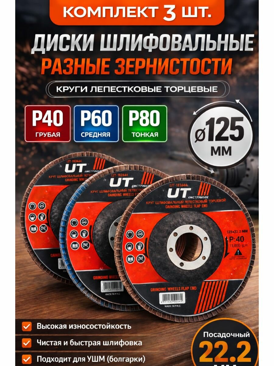 Круг лепестковый шлифовальный 125 мм набор 3 шт P40 P60 P80, диск для УШМ по металлу, посадочный 22.2 мм