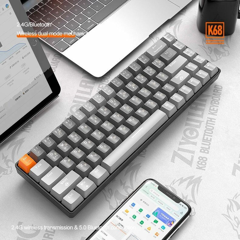 Клавиатура для компьютера Wolf K68 механическая беспроводная игровая Bluetooth + USB 2.4G + Hot-Swap для ноутбука планшета телефона смартфона пк айпада телевизора блютуз usb TCL 60% мини механика компактная Русская/английская раскладка