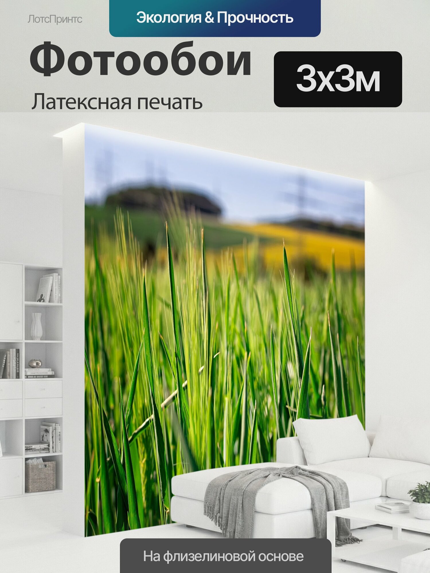 Фотообои моющиеся ударопрочные "Пейзаж, природа, кукурузное поле" 300x300 см. латексная печать