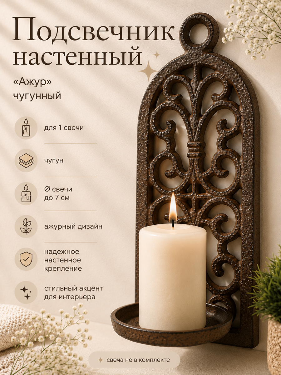 Металлический подсвечник на 1 свечу настенный «Ажур», чугун, 24×10×12.5 см