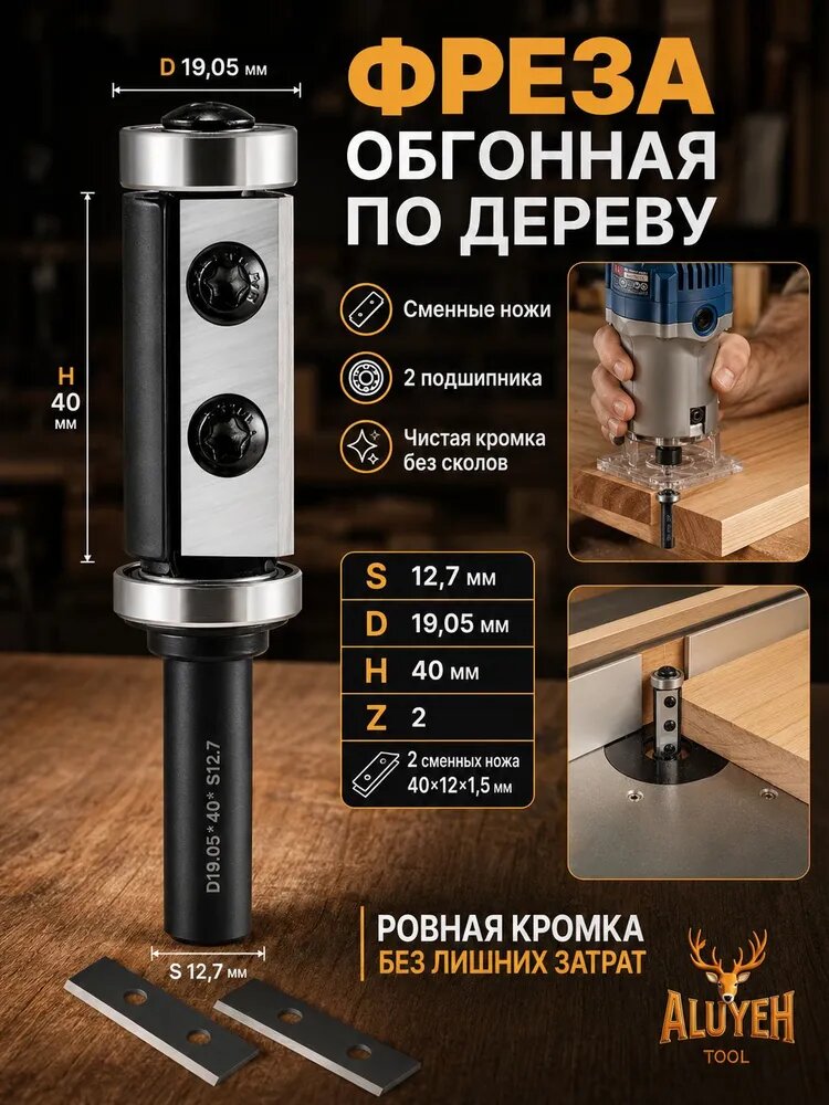 Фреза кромочная обгонная по дереву со сменными ножами и двумя подшипниками, хвостовик 12.7мм, D19,05 H40, Z2