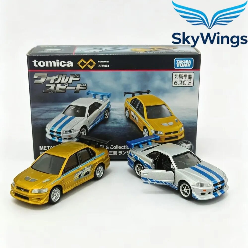 Модель Nissan GT-R R34 + Mitsubishi Lancer Evo VII 1:64, металлические, Fast & Furious, Paul Walker, Tomica Premium Unlimited