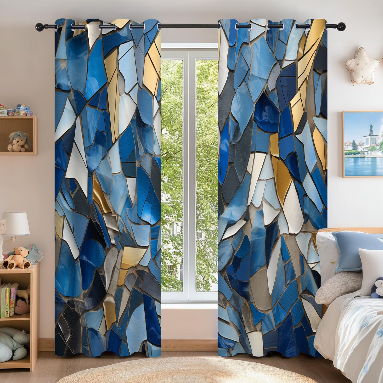 Геометрия Синего Золота Шторы блэкаут для гостиной и спальни, Аннотация комплект 2 шт 145x240cm