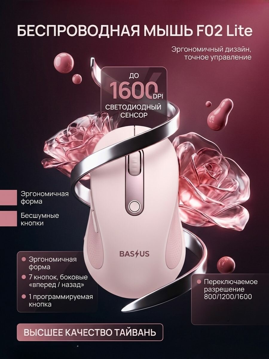 Беспроводная мышь F02 Lite Розовая эргономичная 2,4 G