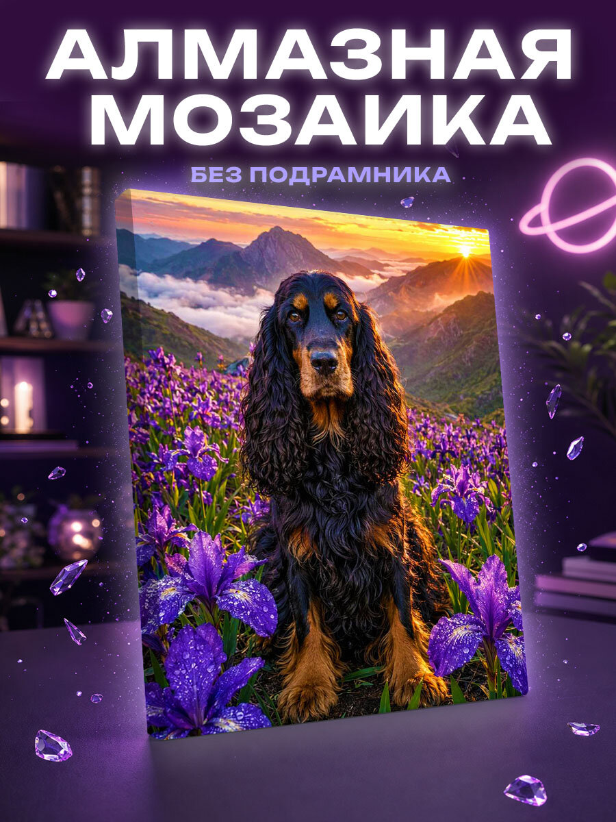 Алмазная мозаика кокер-спаниель в поле фиолетовых ирисов