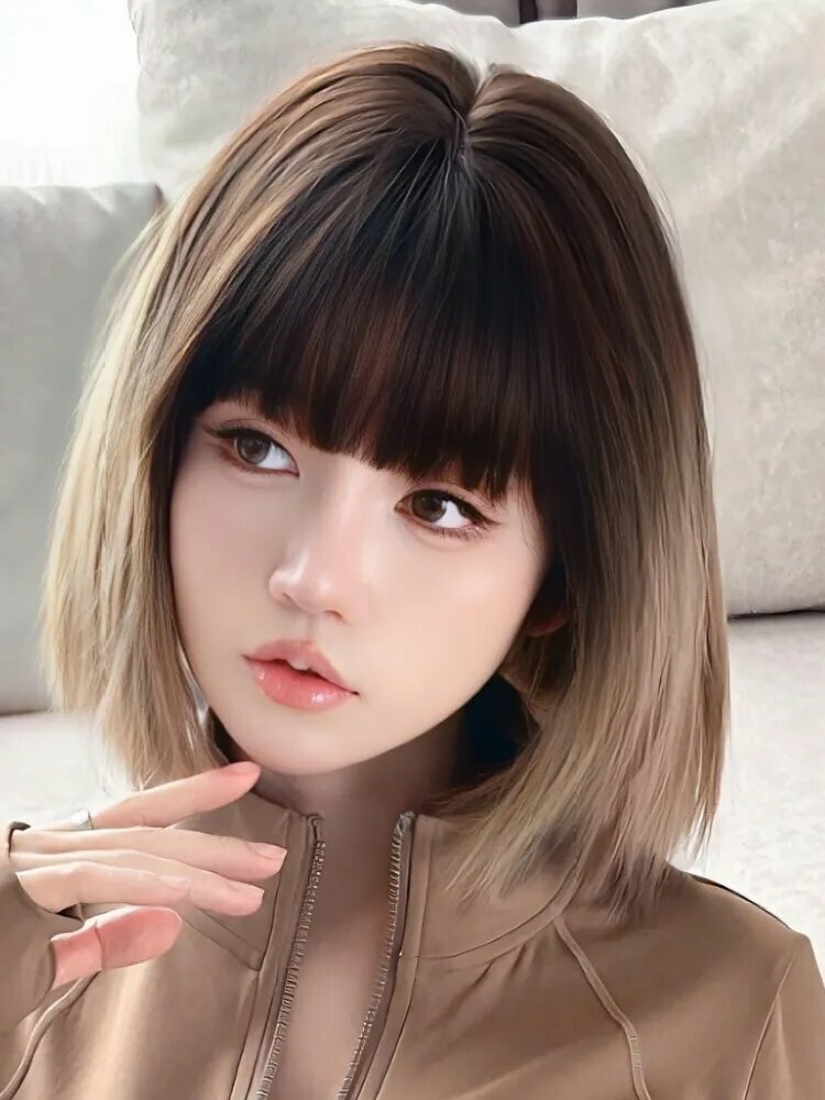 Женский парик короткий 31cm каштановый градиент прямые волосы с челкой