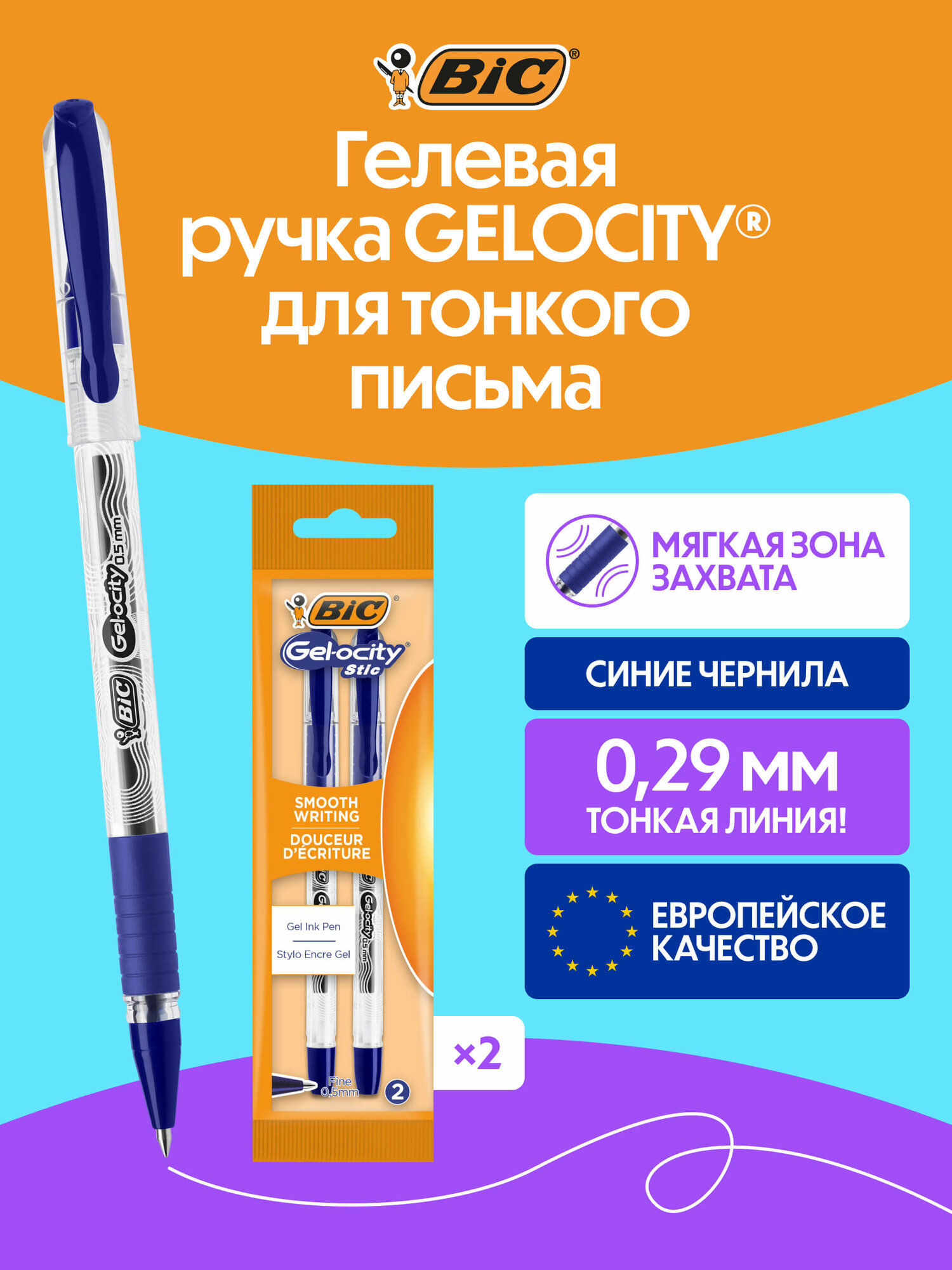 Гелевая ручка BIC GELOCITY синяя, мягкая зона хвата, упаковка 2 шт