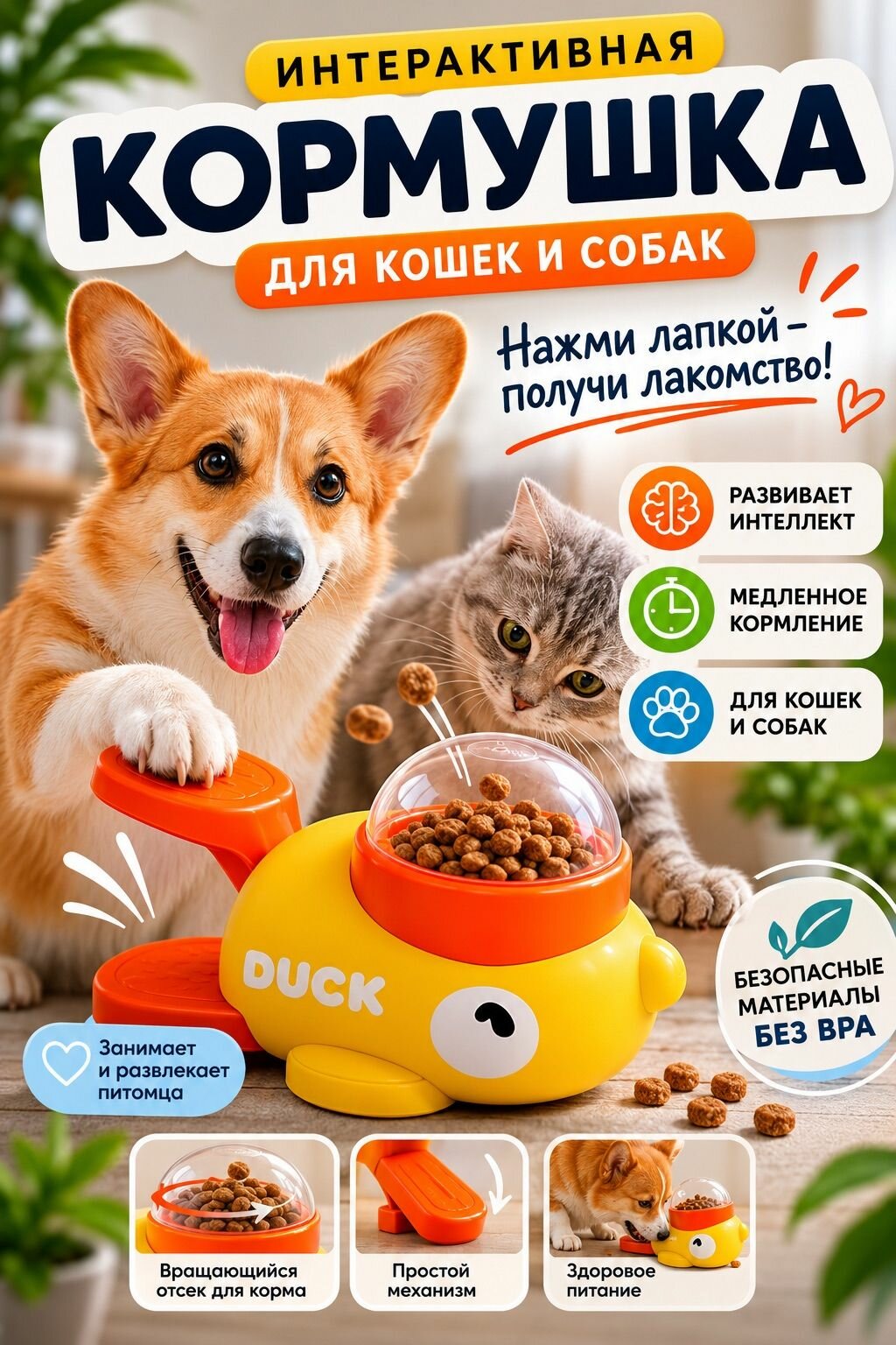 Интерактивная игрушка кормушка для кошек и собак. Головоломка с 3 сменными крышками. Замедляет кормление, развивает интеллект и снимает стресс для кошек для собак кормушка-головоломка сменные крышки