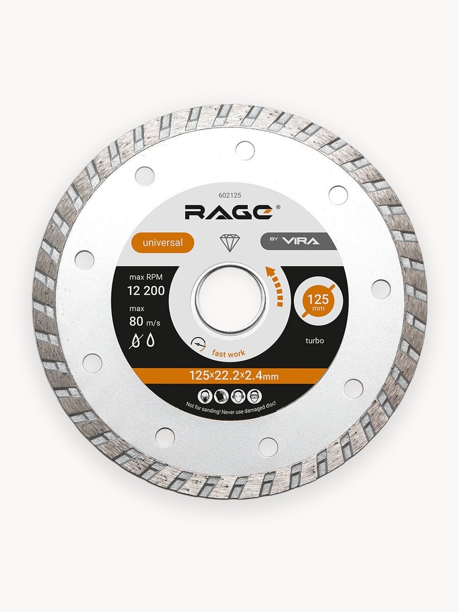Диск алмазный универсальный 125 мм RAGE by VIRA для бетона, камня, кирпича, турбо, сухой рез, 22.23 мм, УШМ, болгарки, HQ