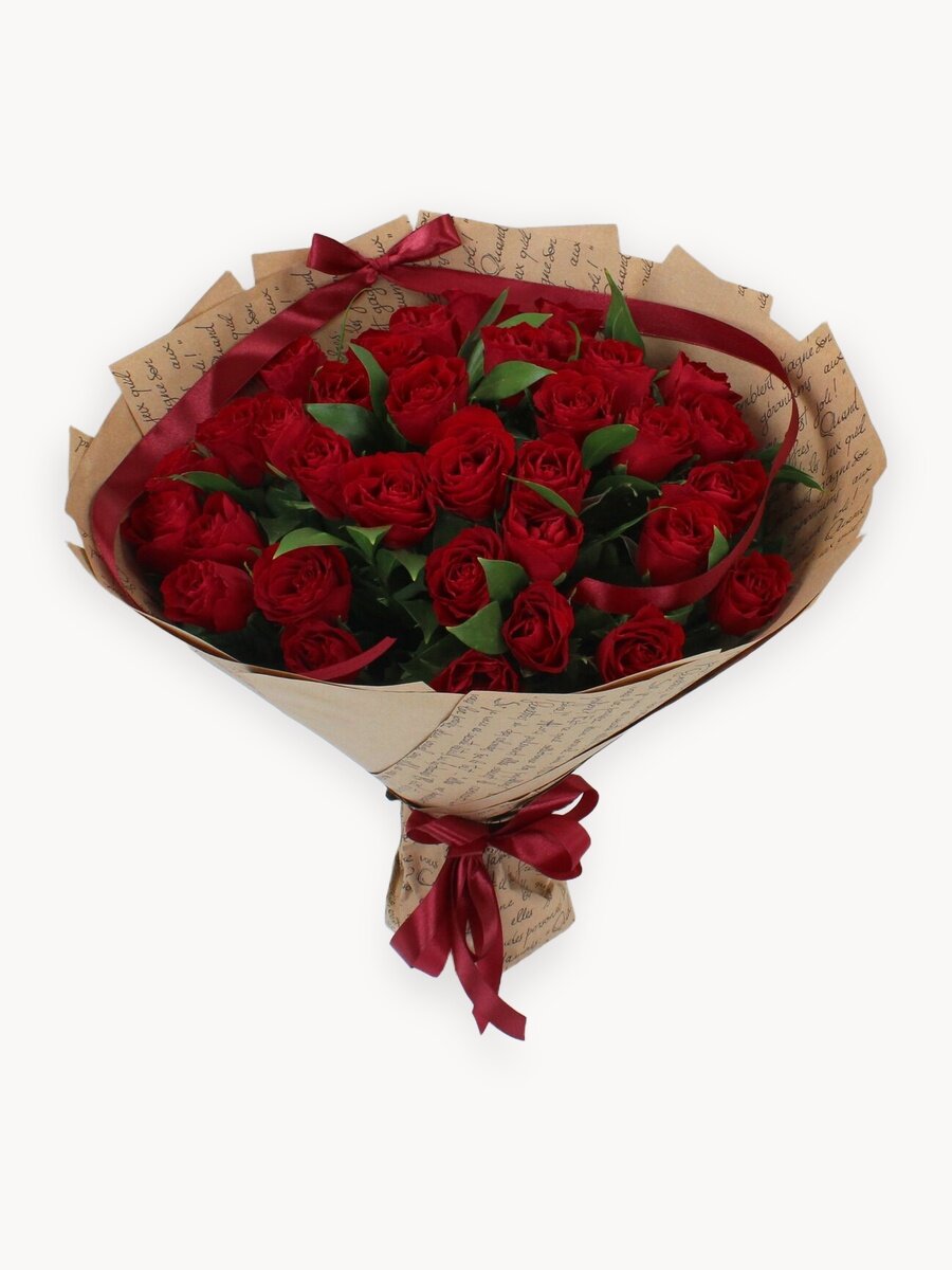 35 красных роз 40 см с зеленью, THE FLOREAL, Кения, упаковка