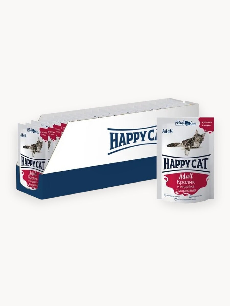 Паучи Happy Cat Корм для кошек, кусочки в соусе кролик и индейка с морковью» 85 гр х 24шт