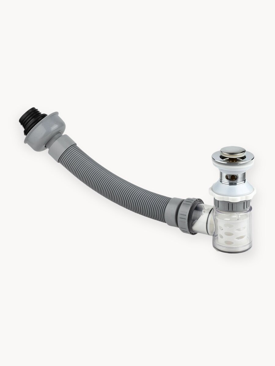 Сифон для раковины с переливом, универсальный выход горизонтальный-вертикальный, с обратным клапаном на колбе