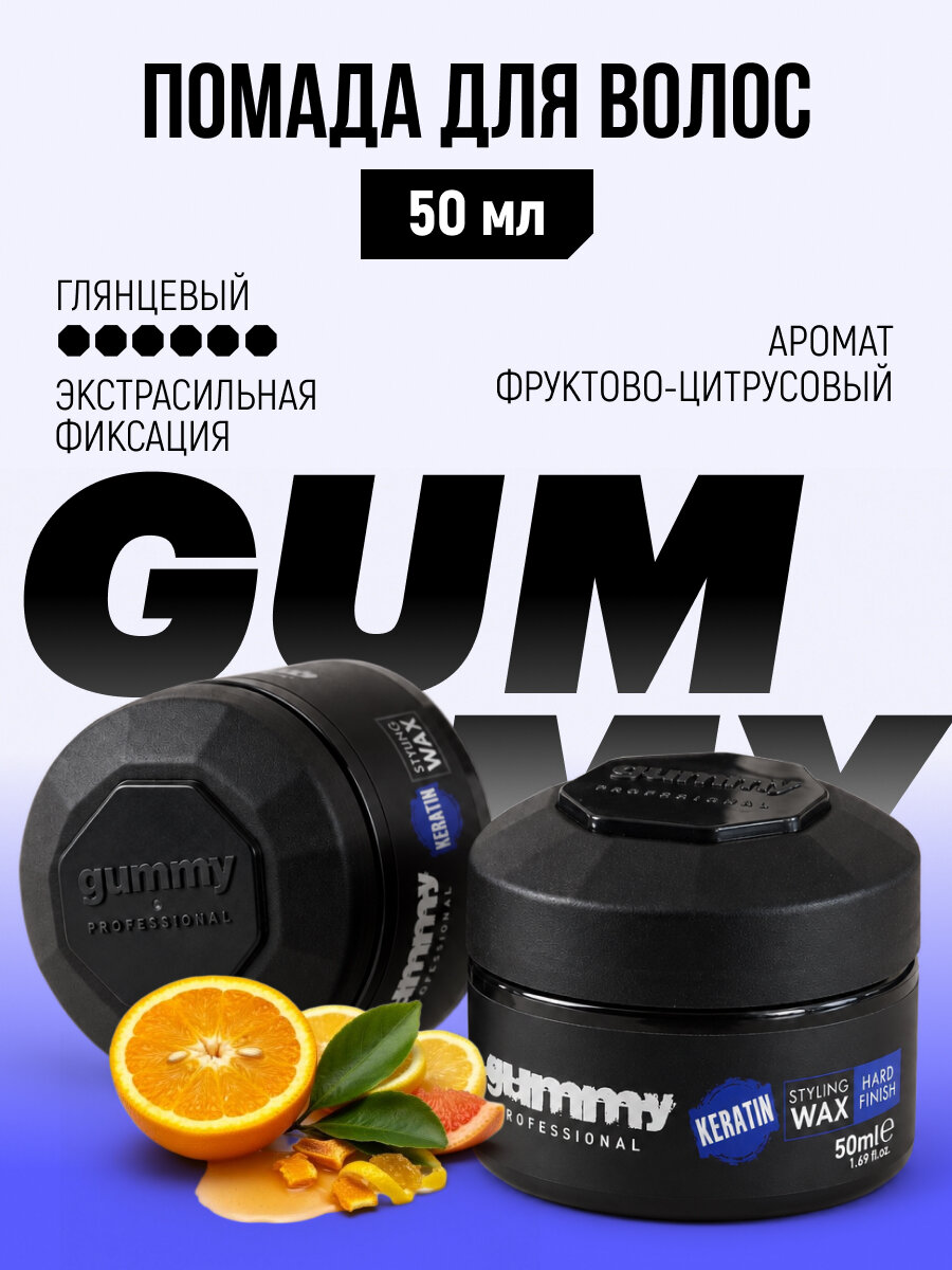 Мужская помада для волос Gummy Styling Wax Hard Finish с кератином и пантенолом, сильная фиксация, 50 мл