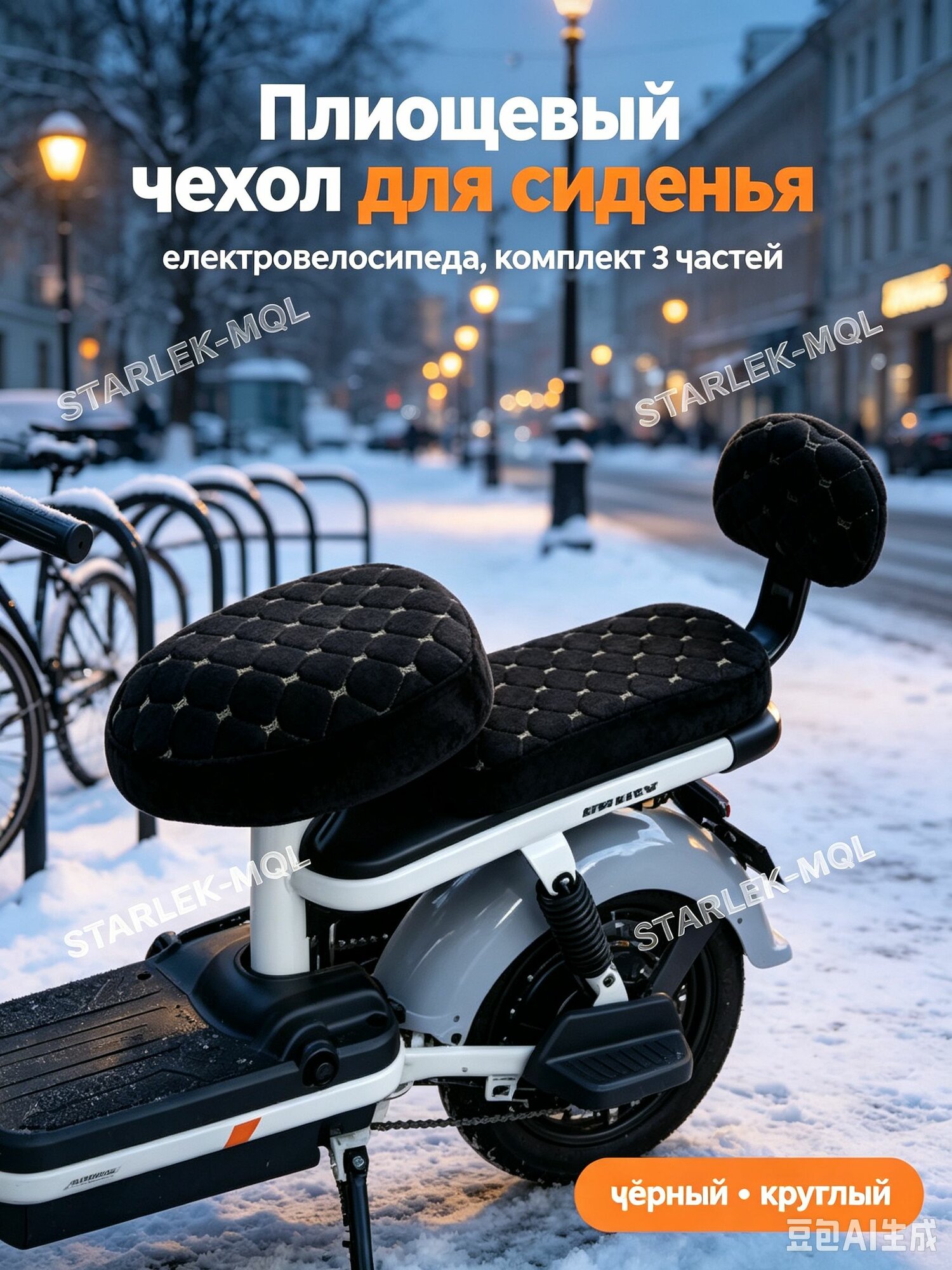 Плюшевый чехол для сиденья электровелосипеда (круглый, чёрный, комплект 3-х частей)