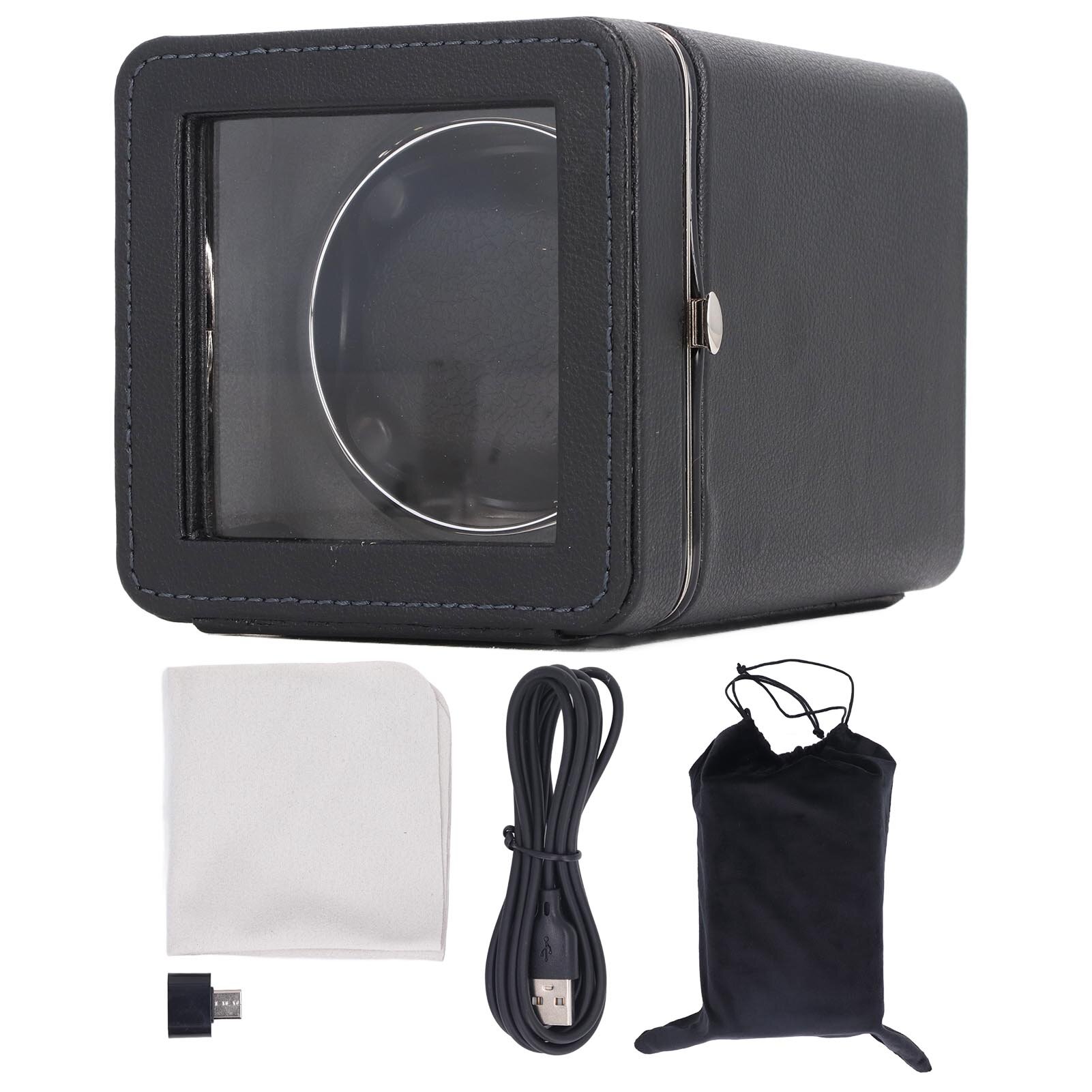 Single Watch Winder 5 Rotating Modes PU Leather Automatic Box with Light USB Type C Power Supply Black