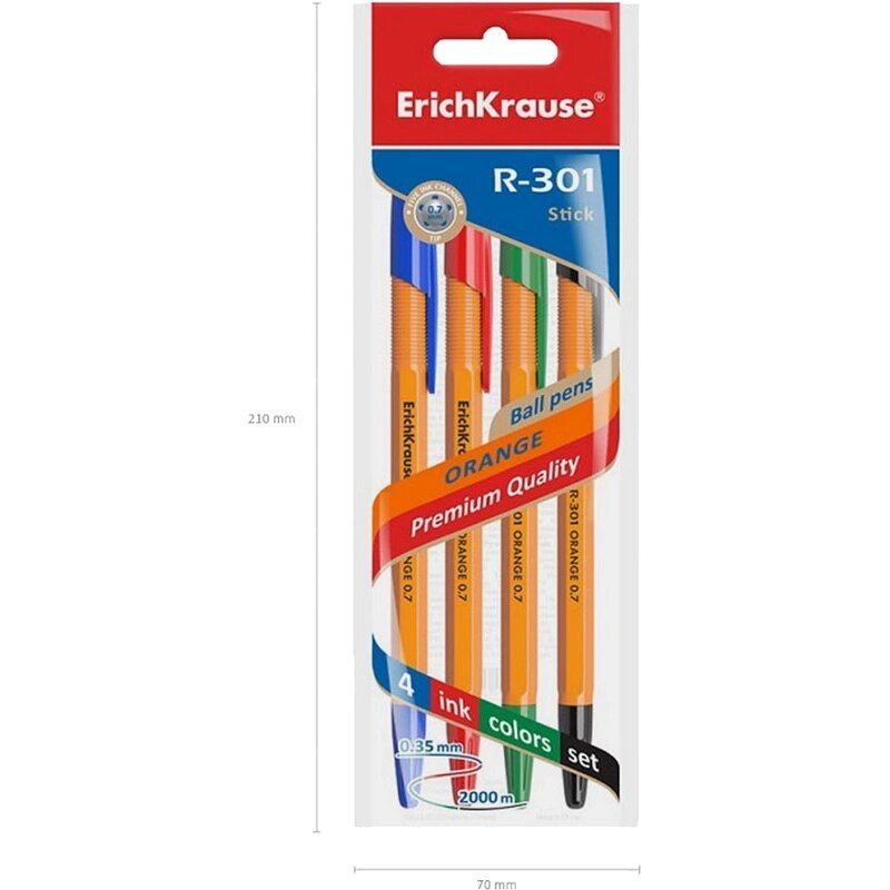 Набор шариковых ручек Erich Krause R-301 Orange Stick 0,7, масл, 4цв 4шт