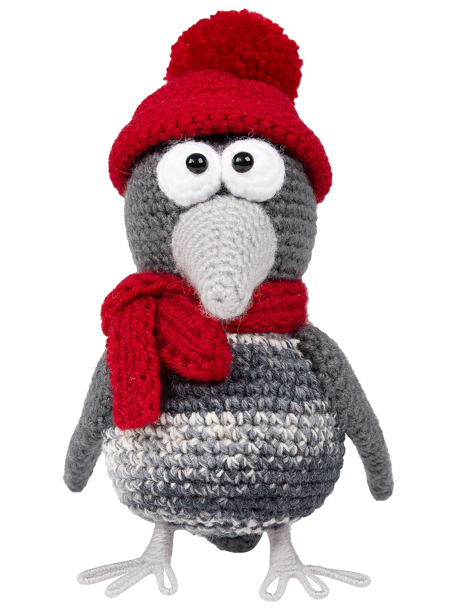 Мягкая сувенирная игрушка ручной работы Ворон Папа в шапке 15 см вязаный (большой) (СФ-04)