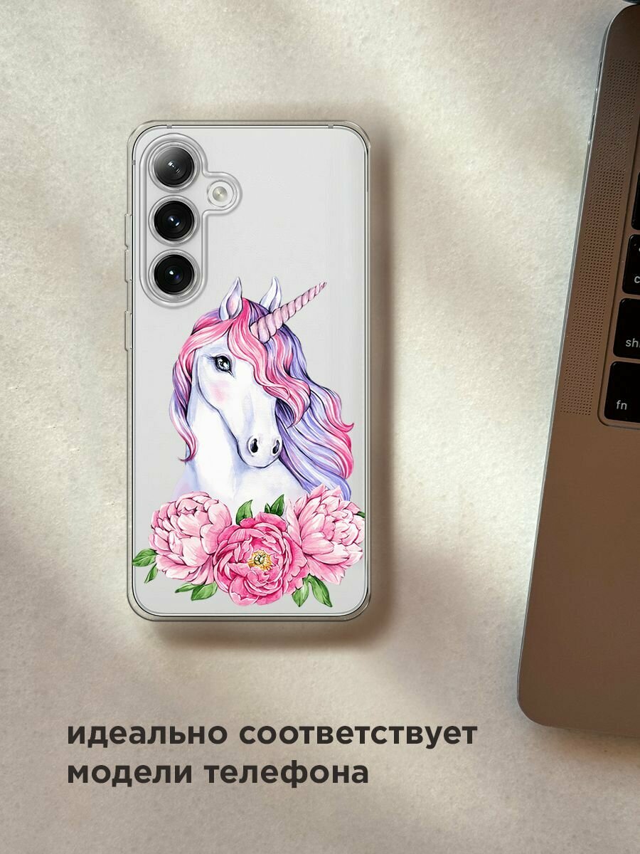 Чехол на Samsung Galaxy S24 / Самсунг S24 с принтом "Единорог с пионами", прозрачный — фото 1