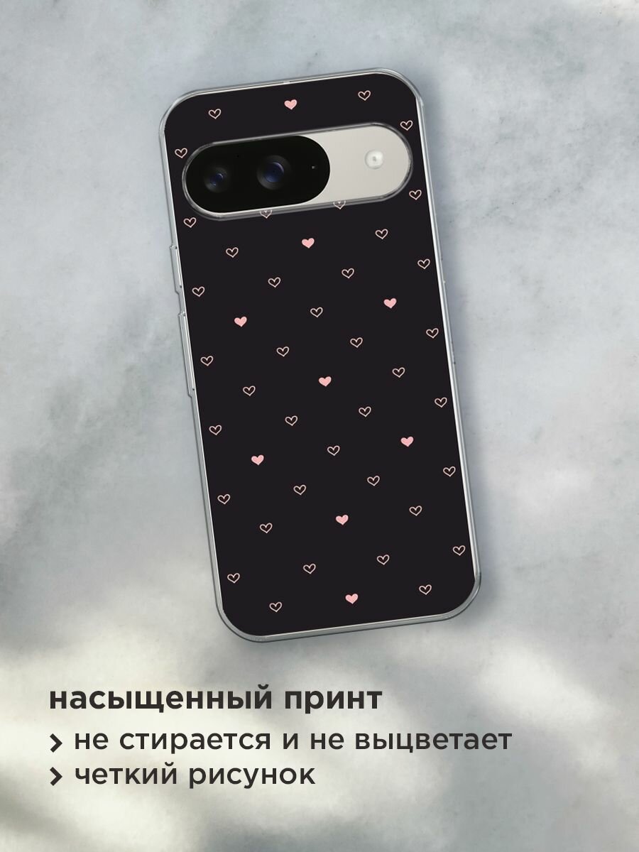 Чехол на Google Pixel 9 / Гугл Пиксель 9 с принтом "Черный фон и сердечки" — фото 1
