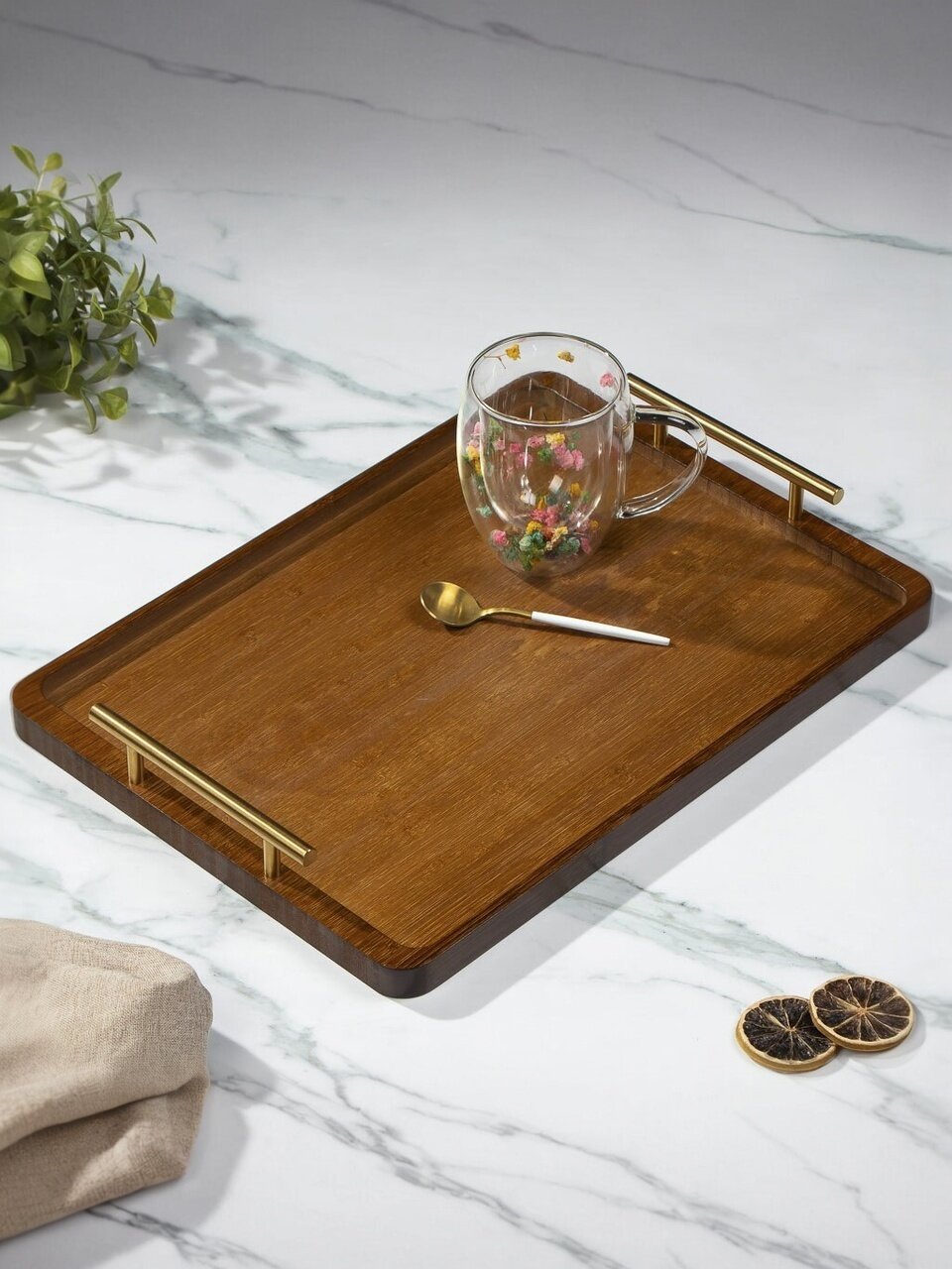 Поднос деревянный с металлическими ручками, прямоугольный, 40х30 см