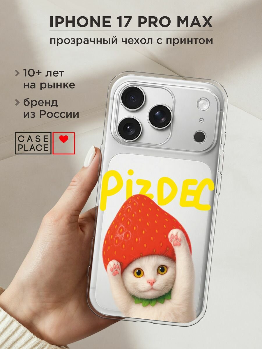 Чехол на Apple iPhone 17 Pro Max / Айфон 17 Про Макс с принтом "Котик с надписью", прозрачный