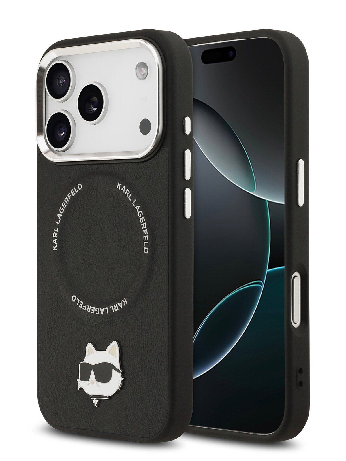 Karl Lagerfeld чехол с MagSafe для iPhone 17 Pro, PU кожа с метал. значком NFT Choupette head, черный