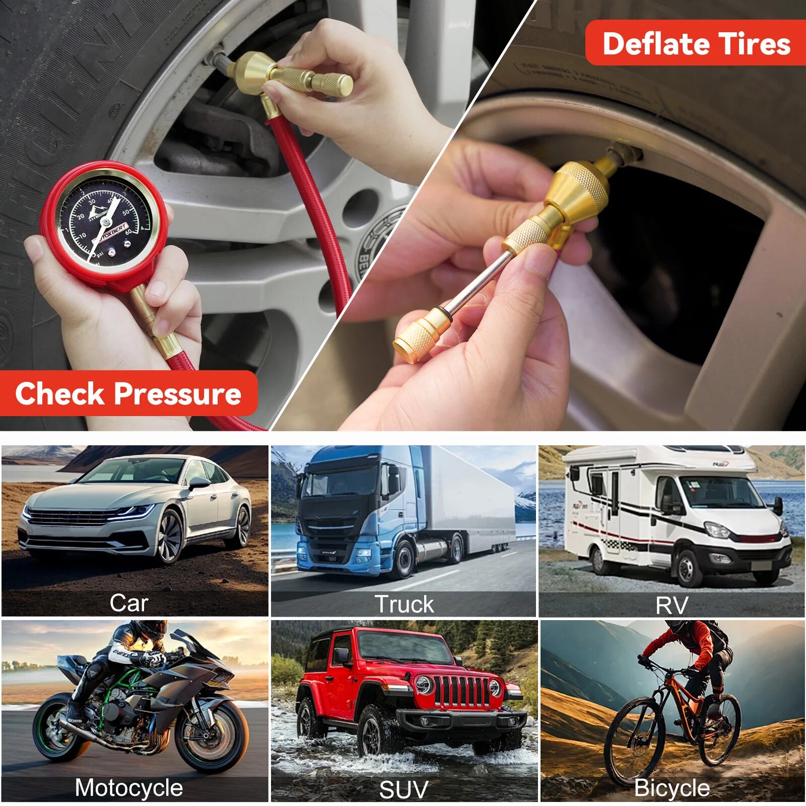 Дефлятор для шин с подсветкой 0-60 PSI/0-4 BAR, двухшкальный манометр для Jeep, мотоциклов, квадроциклов, грузовиков, внедорожных аксессуаров