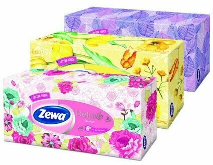 Салфетки бумажные Zewa Deluxe косметические дизайн коробки в ассотрименте 3-х слойные 90 шт