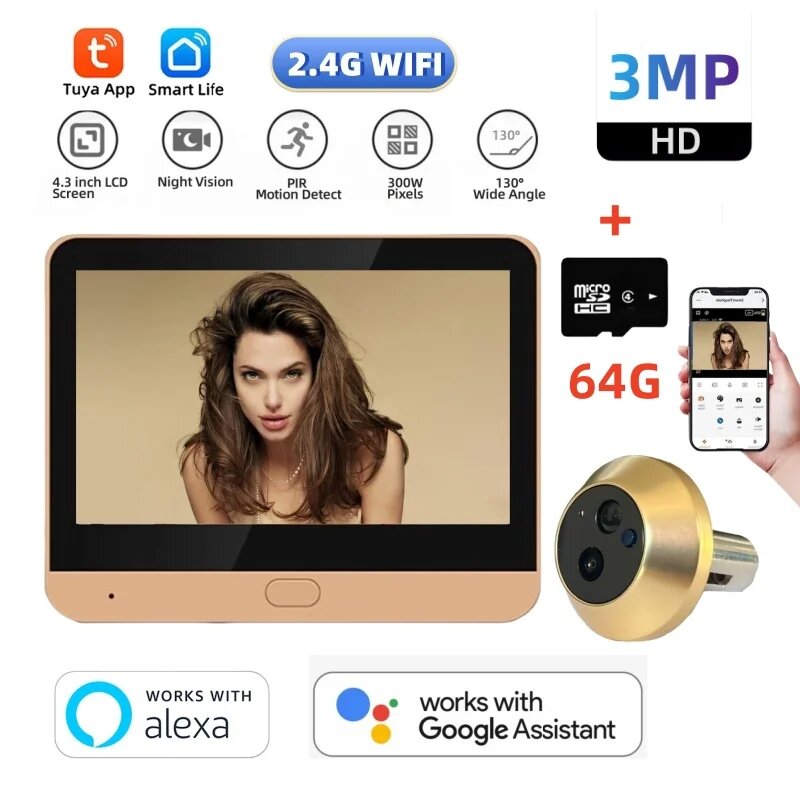 Видеоглазок 3MP WiFi с экраном 4.3" Gold, Alexa Cam, 64G