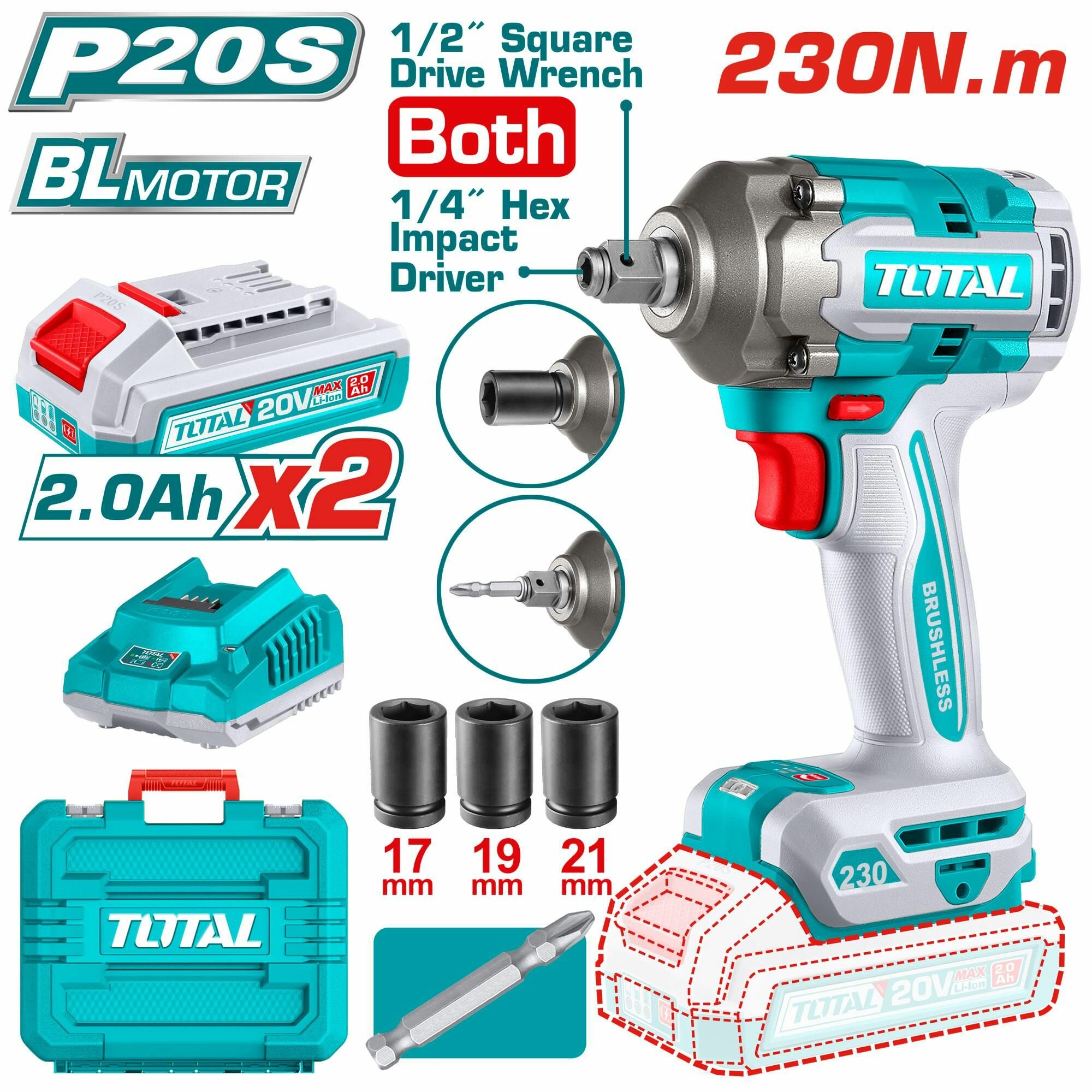 Винтоверт - Гайковерт аккумуляторный 230Нм ударный бесщеточный TOTAL / INGCO / 2 аккумулятора 2Ач