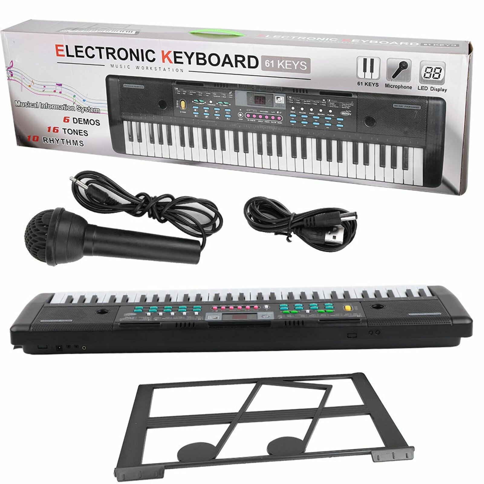 Портативный цифровой музыкальный клавишный инструмент 61 клавиша с микрофоном и функциями для детей