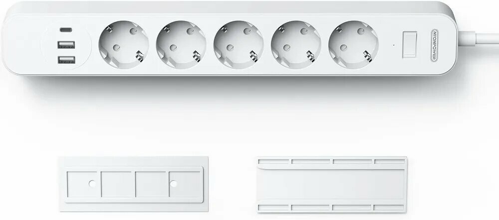 Удлинитель сетевой бытовой NTONPOWER 5 розеток с USB Type-C, настенная с кронштейном, удлинитель 1.5 м, белый